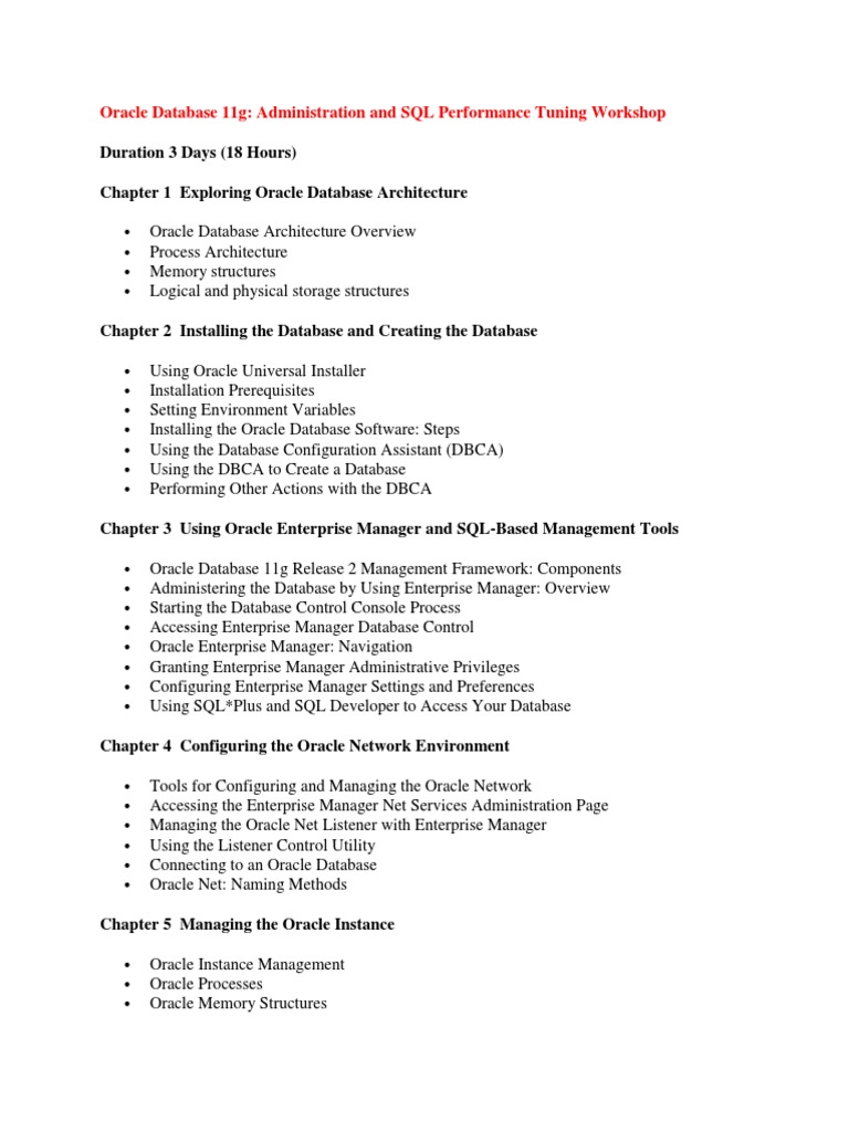 Oracle Database 11g: Administration and SQL Performance Tuning Workshop | PDF | Oracle Database ...