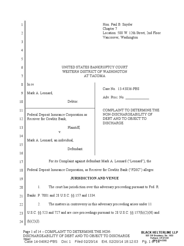 Complaint To Determine Non Discharge of Debt | PDF | Receivership ...