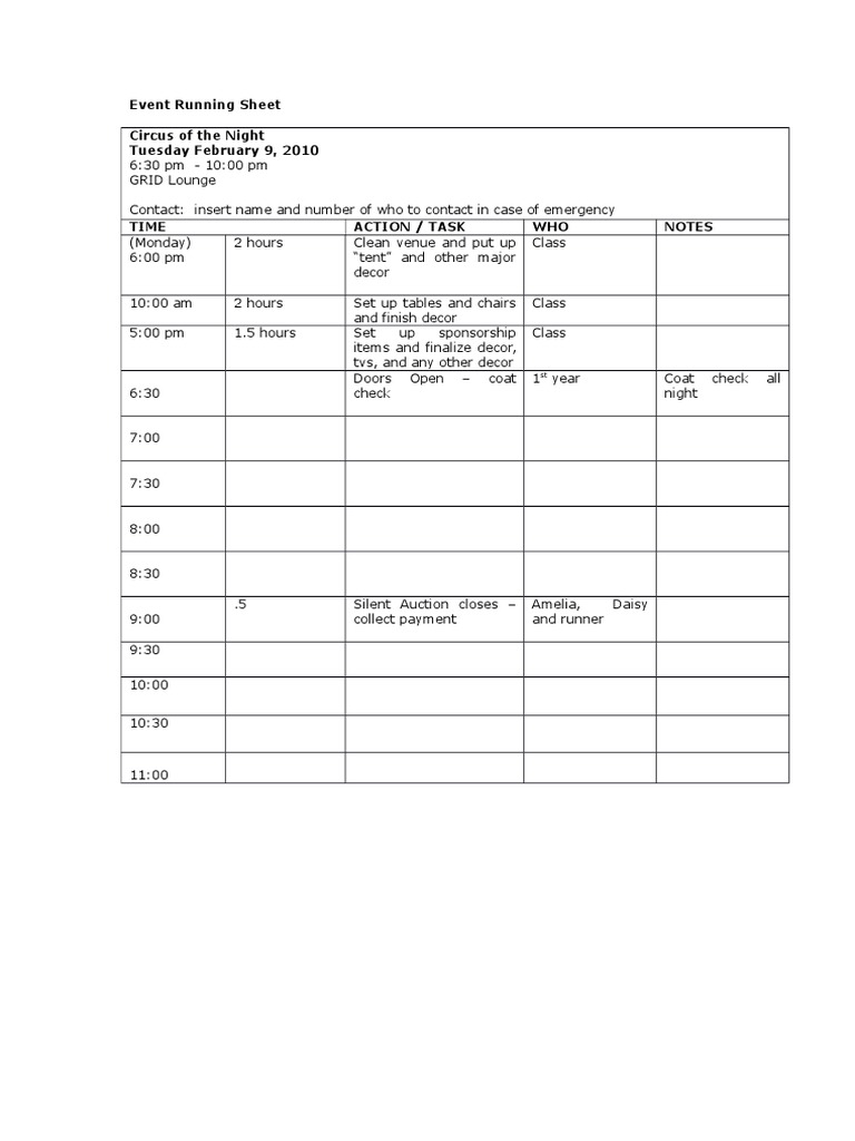 Event Running Sheet | PDF