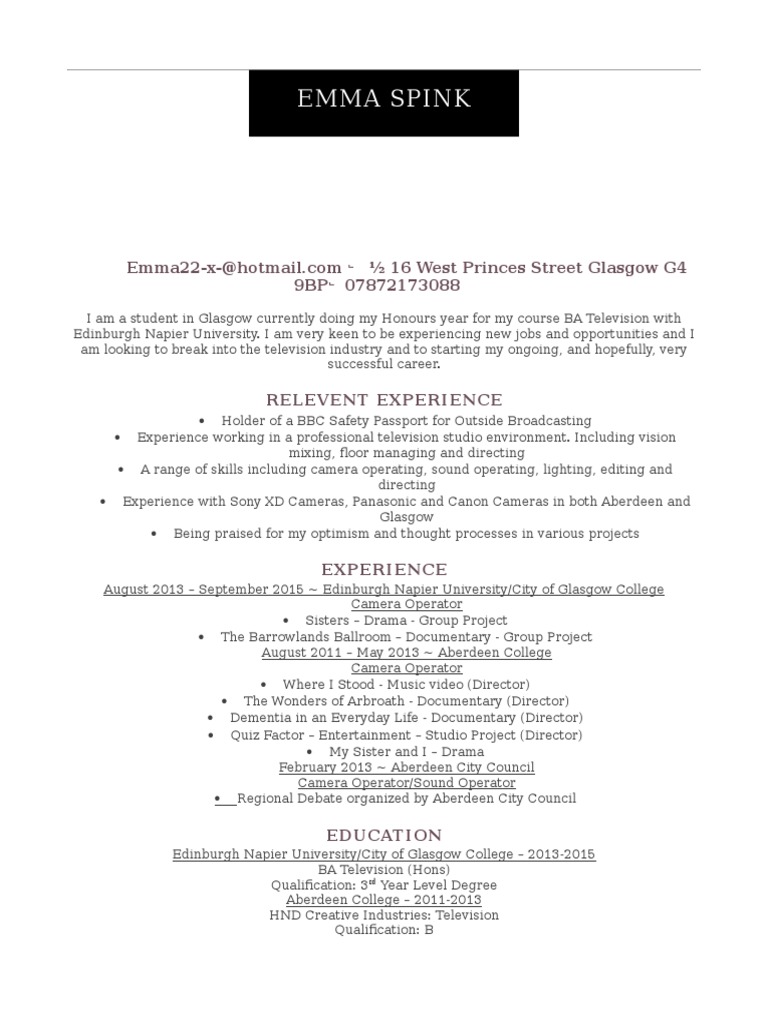 Emma Spink Glasgow CV | PDF