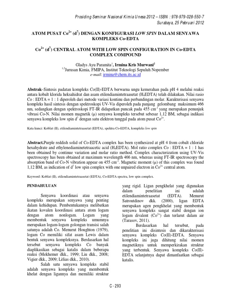ATOM PUSAT Co2+ (d7) DENGAN KONFIGURASI LOW SPIN DALAM SENYAWA KOMPLEKS ...