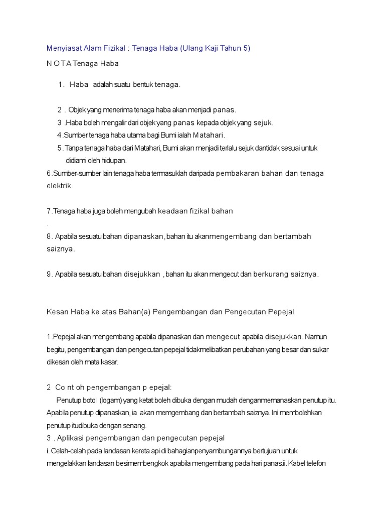 Nota Tenaga Haba Tahun 5 | PDF | Teknologi & Rekayasa