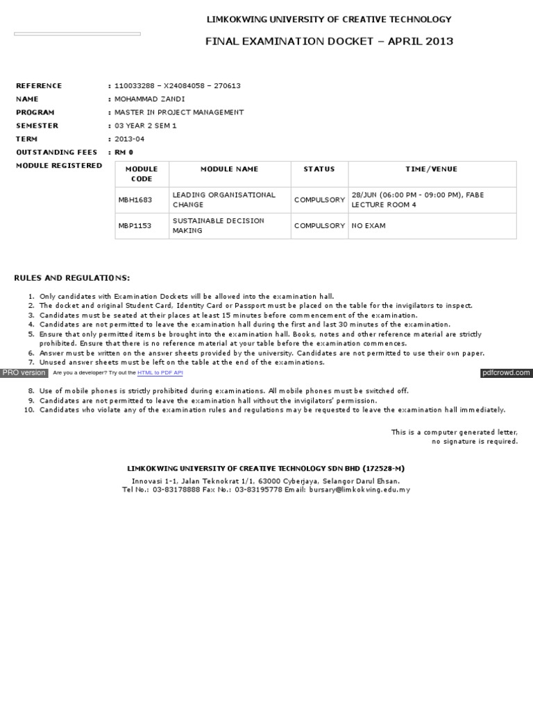 Limkokwing University Exam Docket | PDF