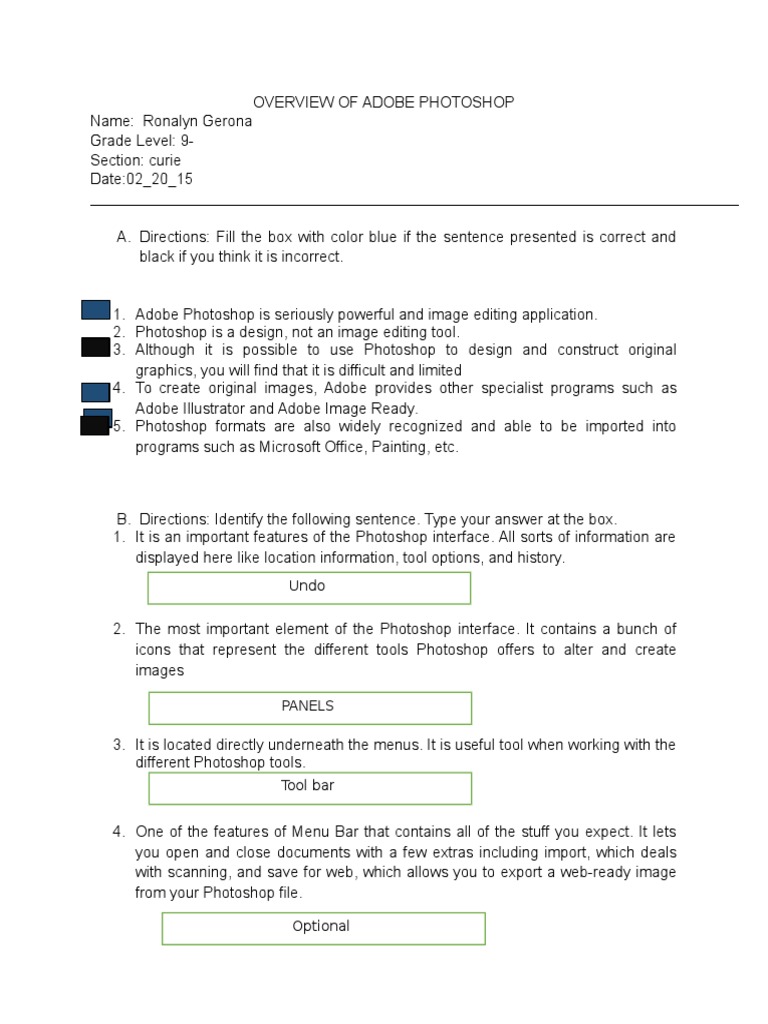 Quiz in Lesson 2 Overview of Adobe Photoshop Lesson 1 and 2 Nha | PDF ...
