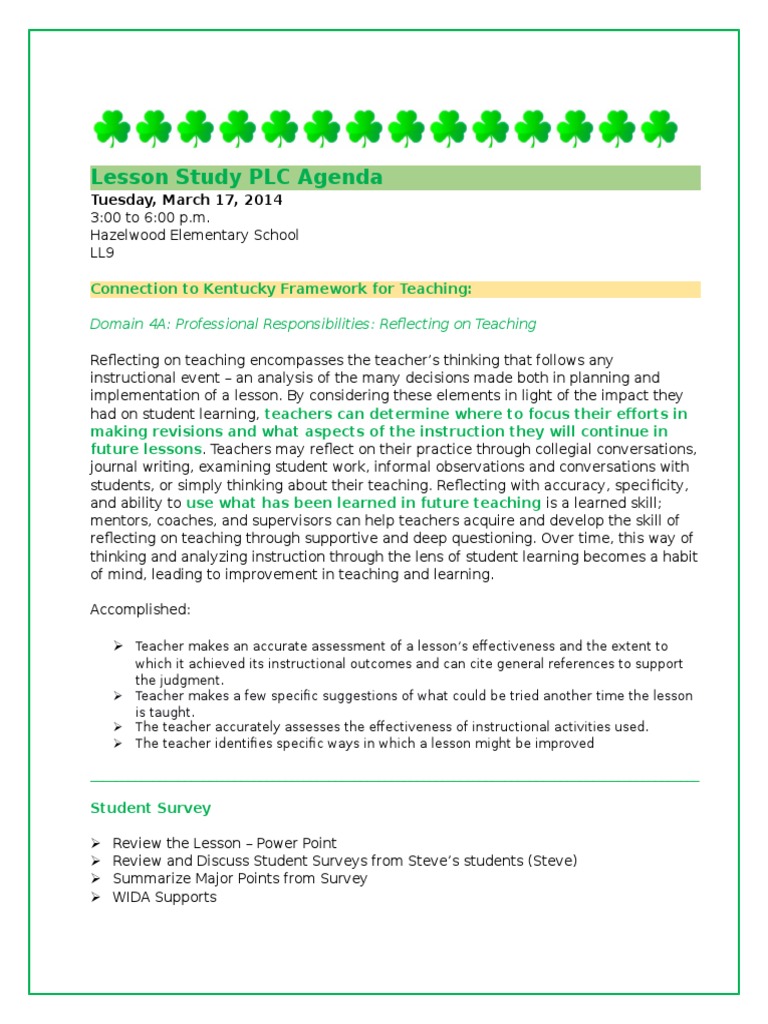 Lesson Study PLC Agenda Overview | PDF | Rubric (Academic) | Teachers