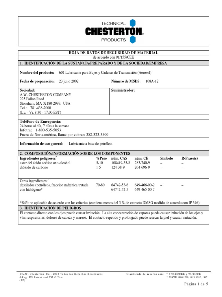 Lubricante Aerosol para Bujes y Cadenas | PDF | Toxicología | Agua