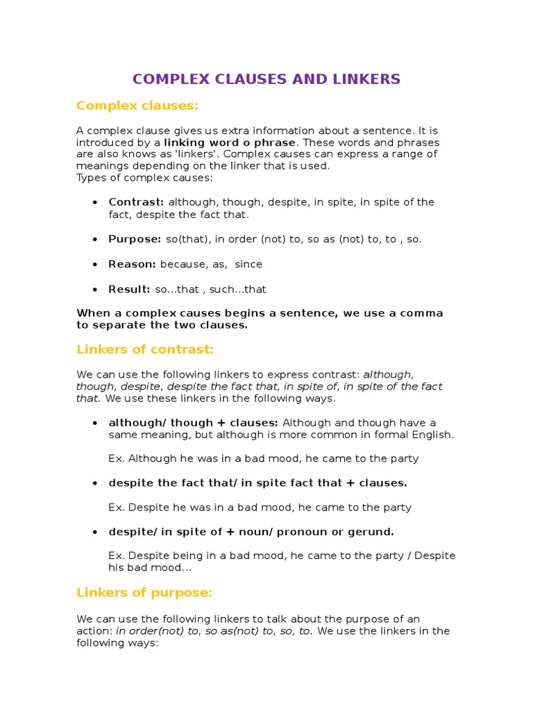 Complex Clauses and Linkers | PDF | Clause | Adverb