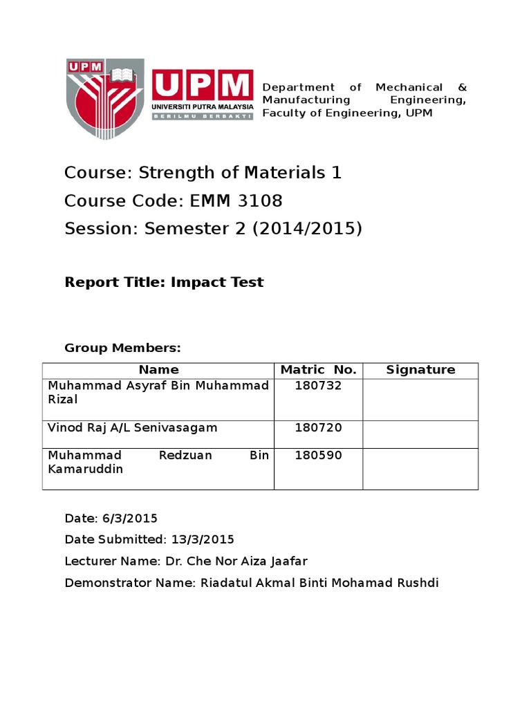 Impact Test Lab Report | PDF | Chemistry | Materials Science
