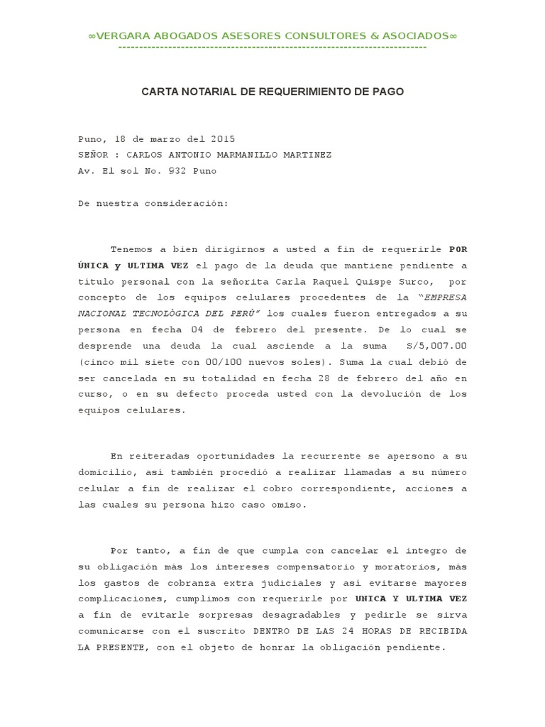 Carta Notarial de Requerimiento de Pago | PDF