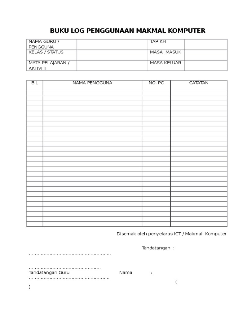 Buku Log Penggunaan Makmal Komputer | PDF