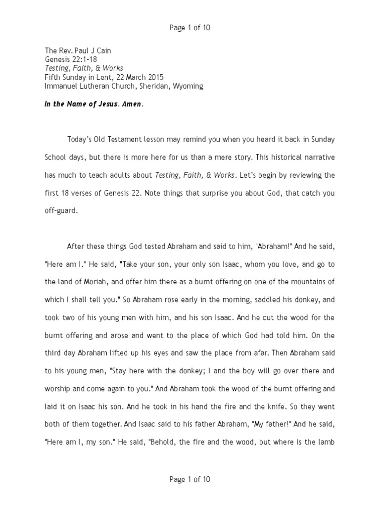 Testing, Faith, & Works: in The Name of Jesus. Amen | PDF | Abraham | Isaac