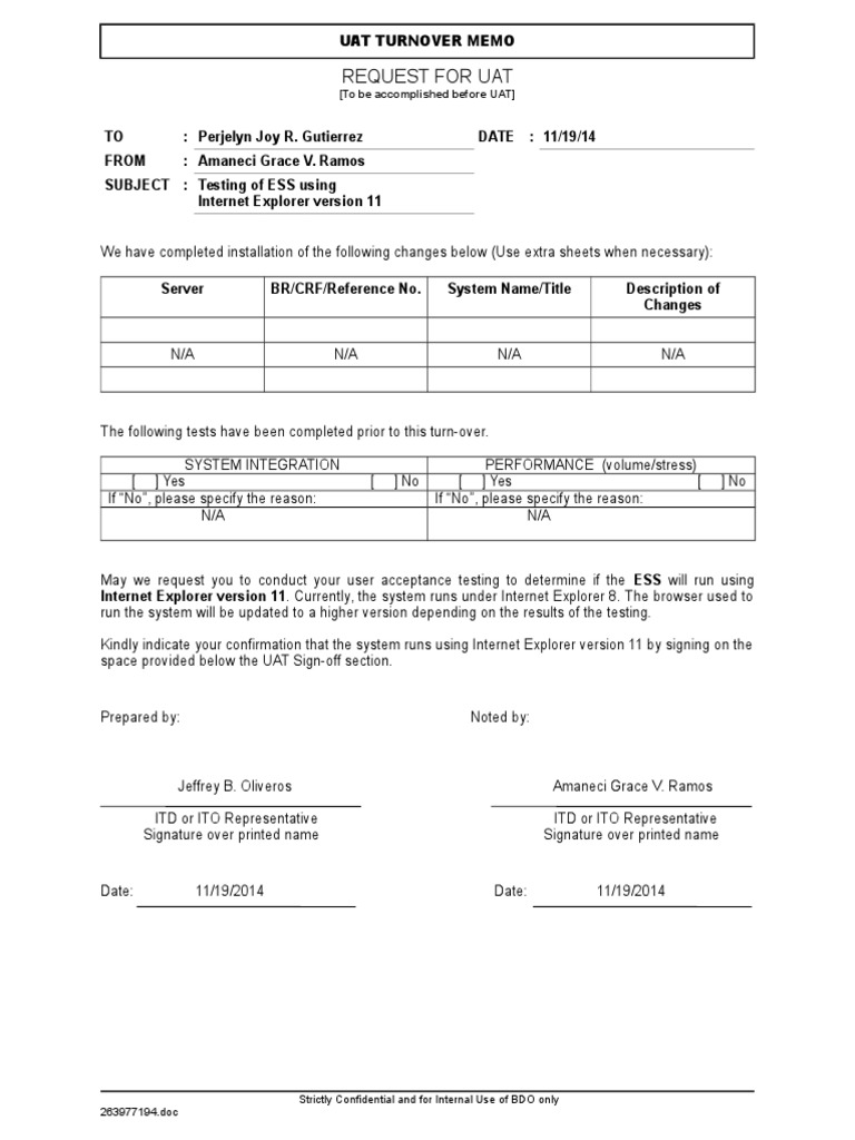 UAT Turn Over Memo - ESS | PDF | Internet Explorer | Digital Technology