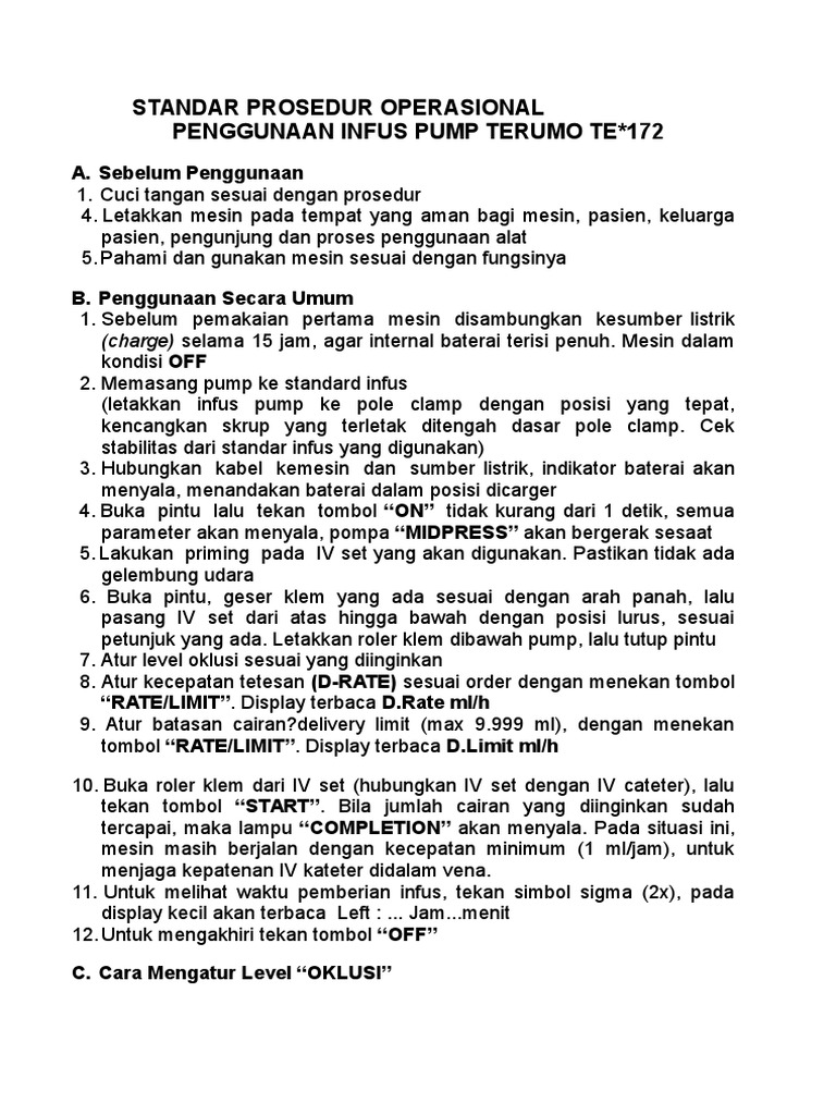 Standar Prosedur Operasional Infus PUMP TERUMO TE 172 | PDF