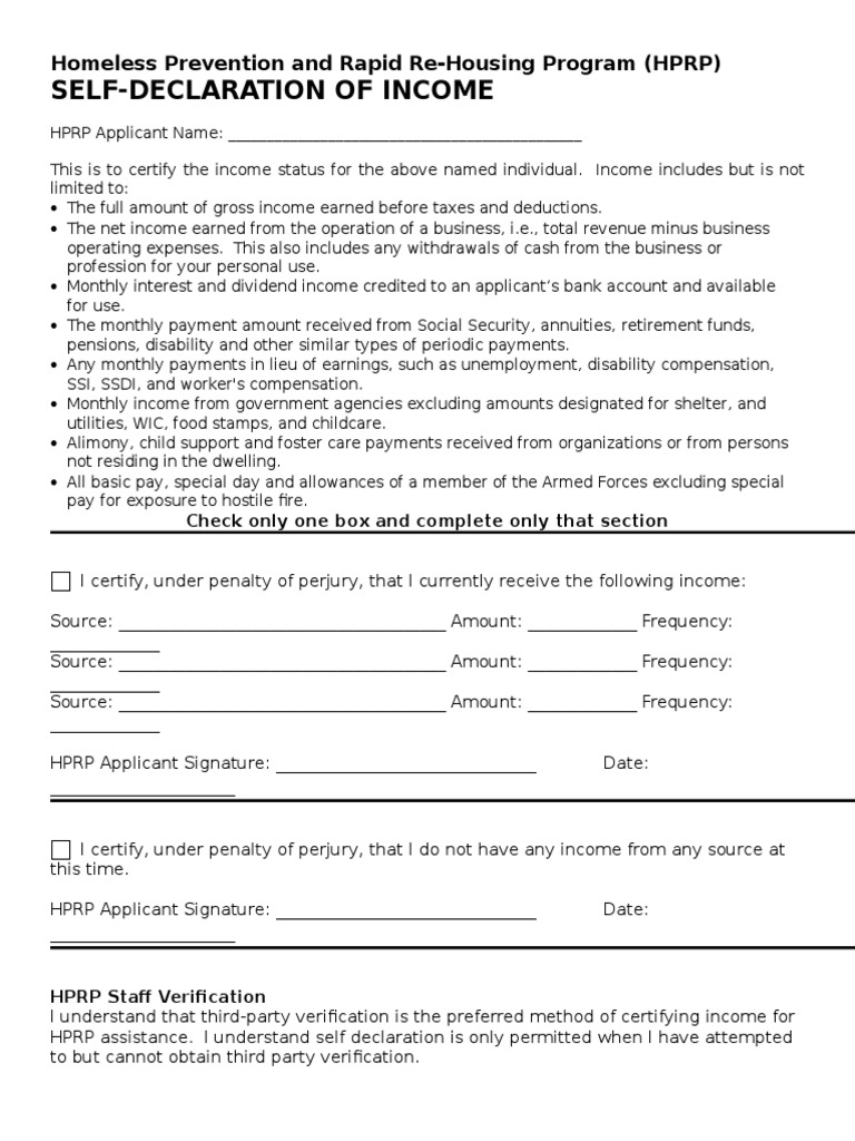 HPRP Income Self-Declaration Form | PDF