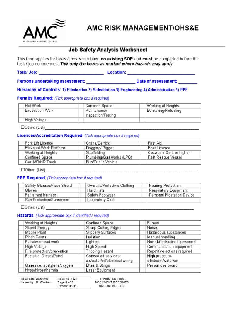 Job Safety Analysis Worksheet | Download Free PDF | Personal Protective ...