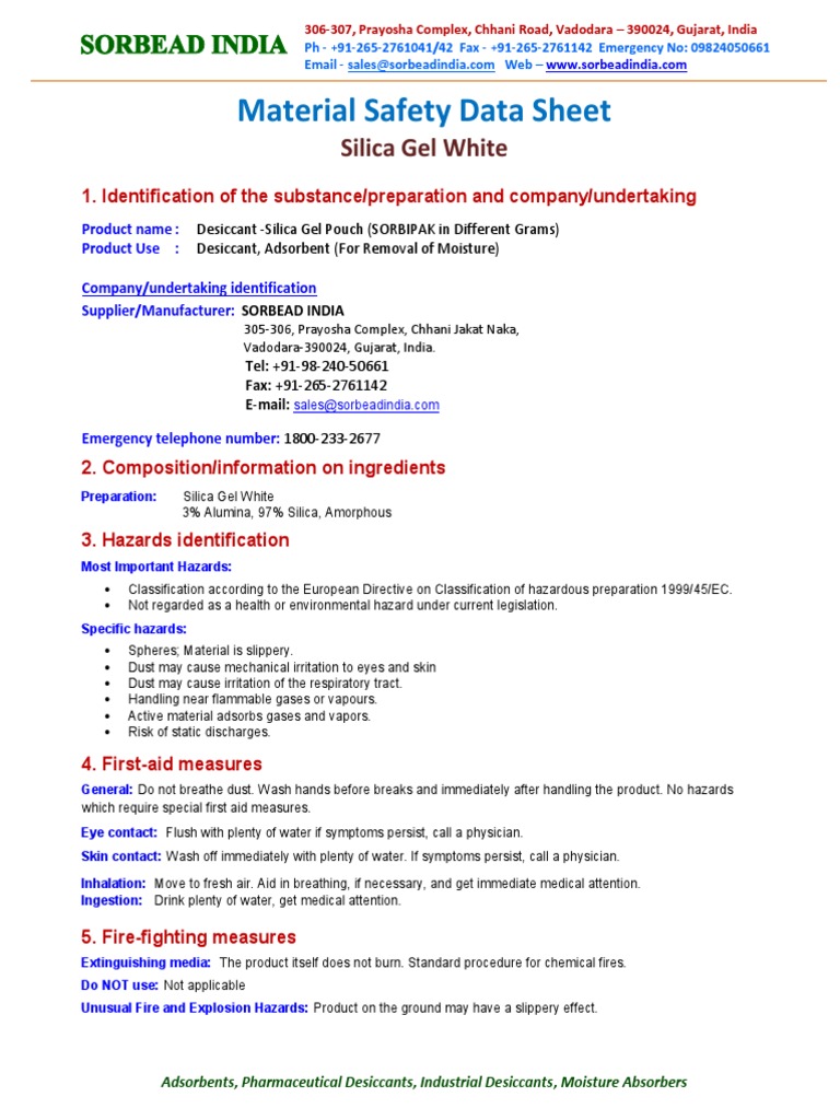 Silica Gel White MSDS | PDF | Silicon Dioxide | Chemistry