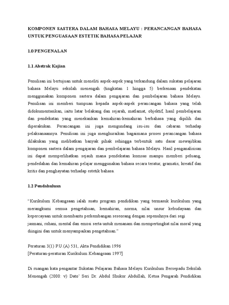 Komponen Sastera Dalam Bahasa Melayu | PDF