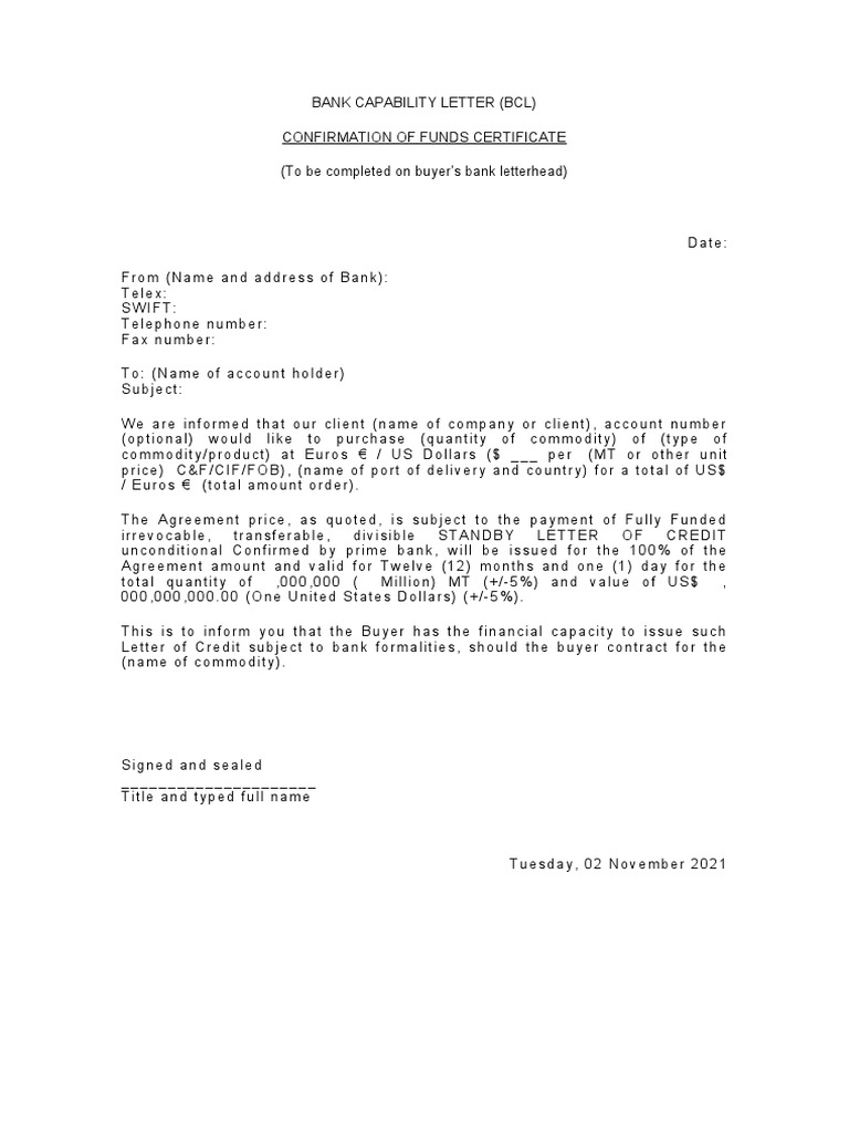 Bank Capability Letter (BCL) Confirmation of Funds | PDF