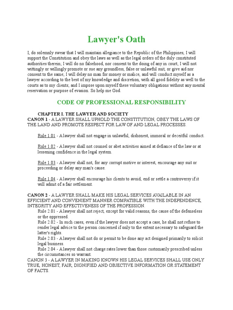 Lawyer's Oath and Code of Professional Responsibility | PDF | Practice ...