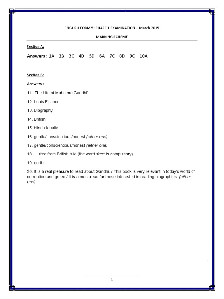 ENGLISH FORM 5 - Marking Scheme - Phase1 | PDF