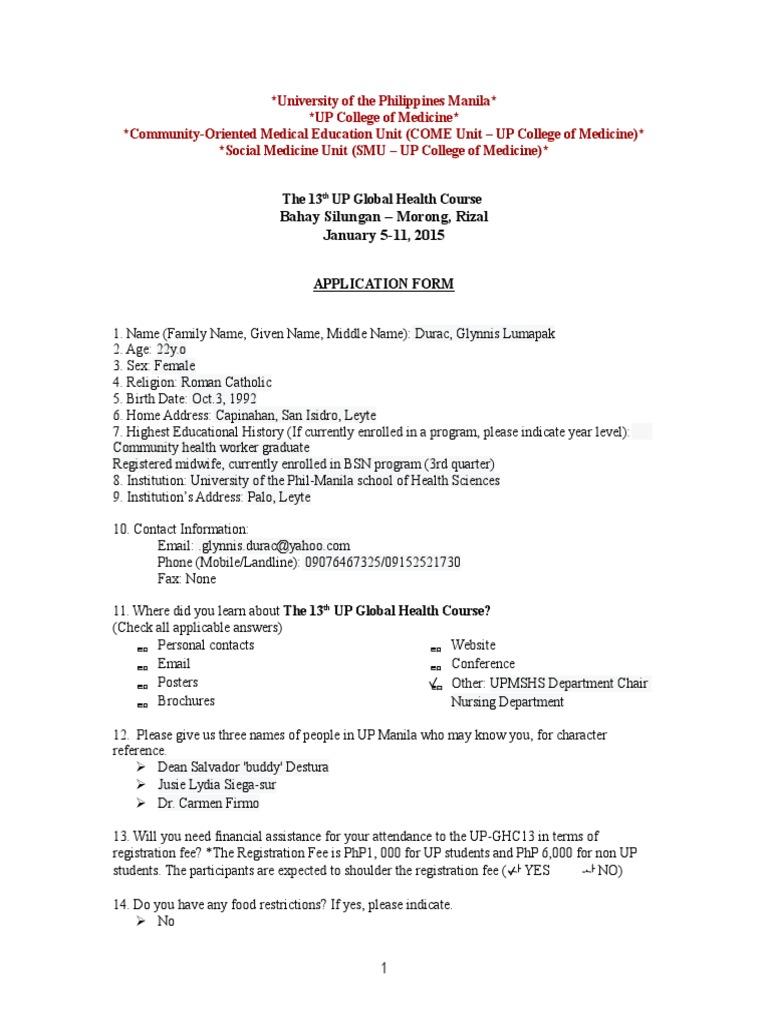 Application for UP Global Health Course | PDF | Medical School | Nursing