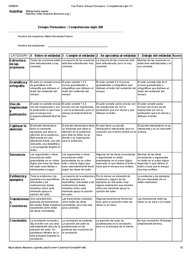 Rubric - Ensayo Persuasivo - Competencias Siglo XXI | PDF | Ensayos ...