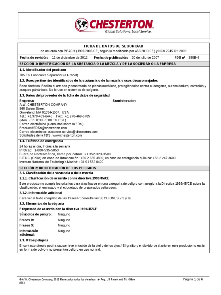 Ficha de Seguridad: Chesterton 785 FG | PDF | Cáncer | Carbón