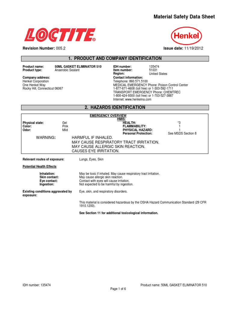 Product and Company Identification: Material Safety Data Sheet | PDF ...
