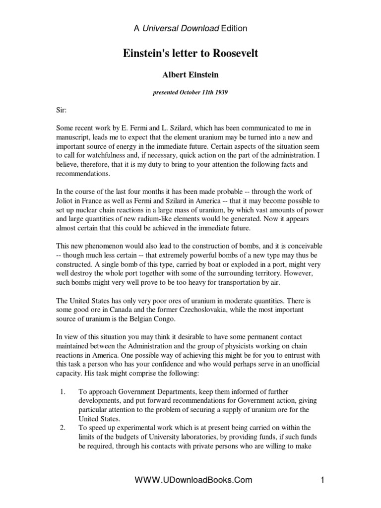 Einstein's Letter To Roosevelt: A Universal Download Edition | PDF ...