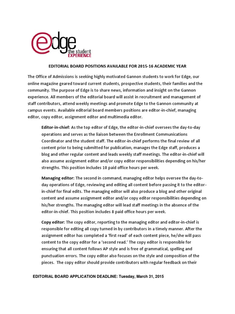 Gannon Edge Editorial Board Application | PDF | Editing | Copy Editing