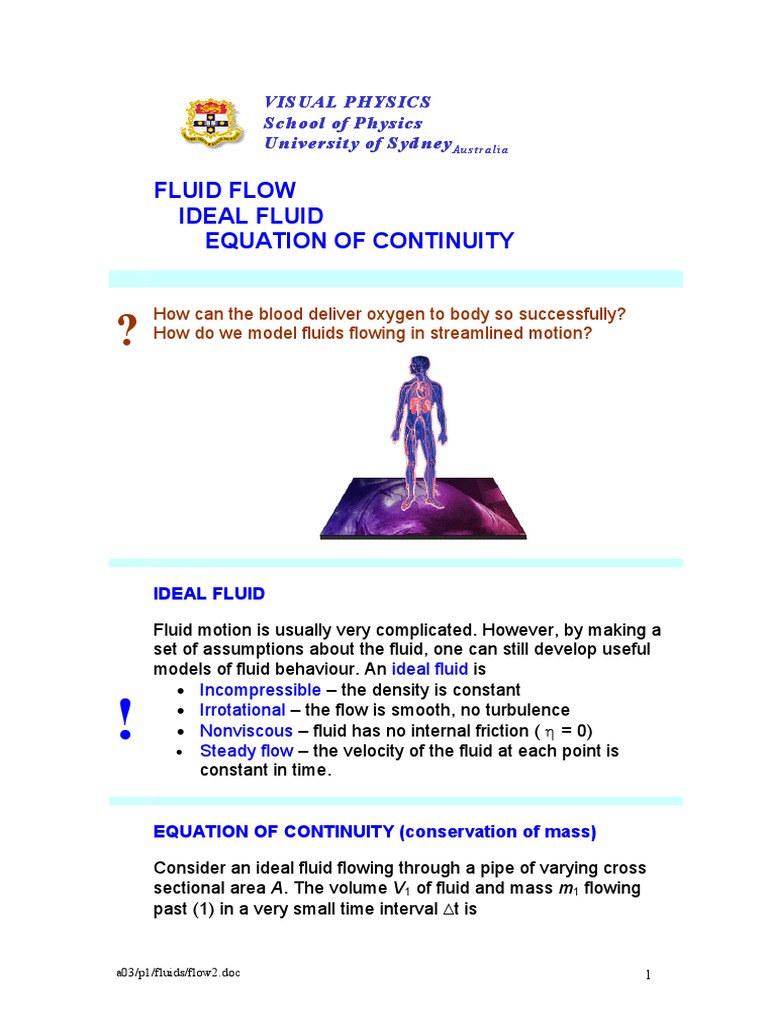 Fluid Flow Ideal Fluid Equation of Continuity | PDF | Fluid Dynamics ...