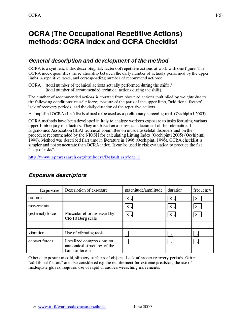 OCRA (The Occupational Repetitive Actions) Methods: OCRA Index and OCRA ...