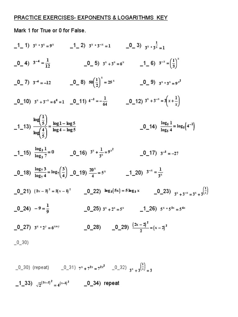 Exponents and Logarithm Exercises | PDF