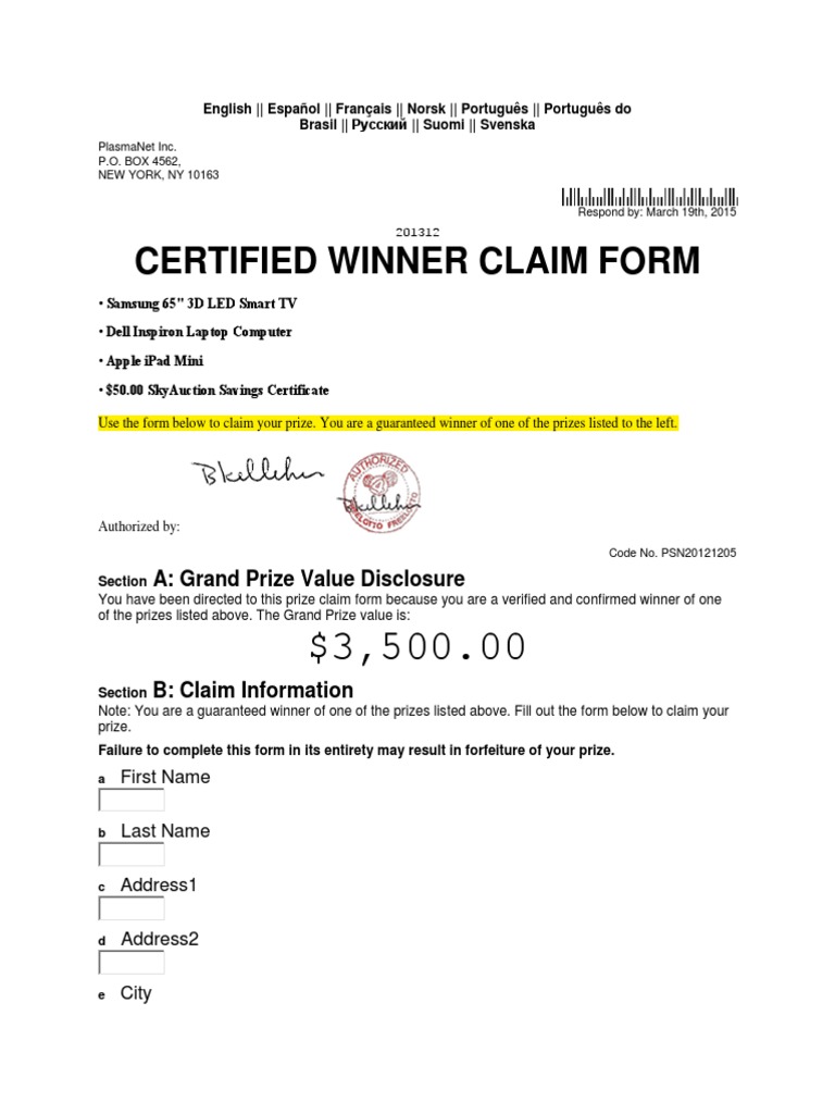 Certified Winner Claim Form: A: Grand Prize Value Disclosure | PDF ...