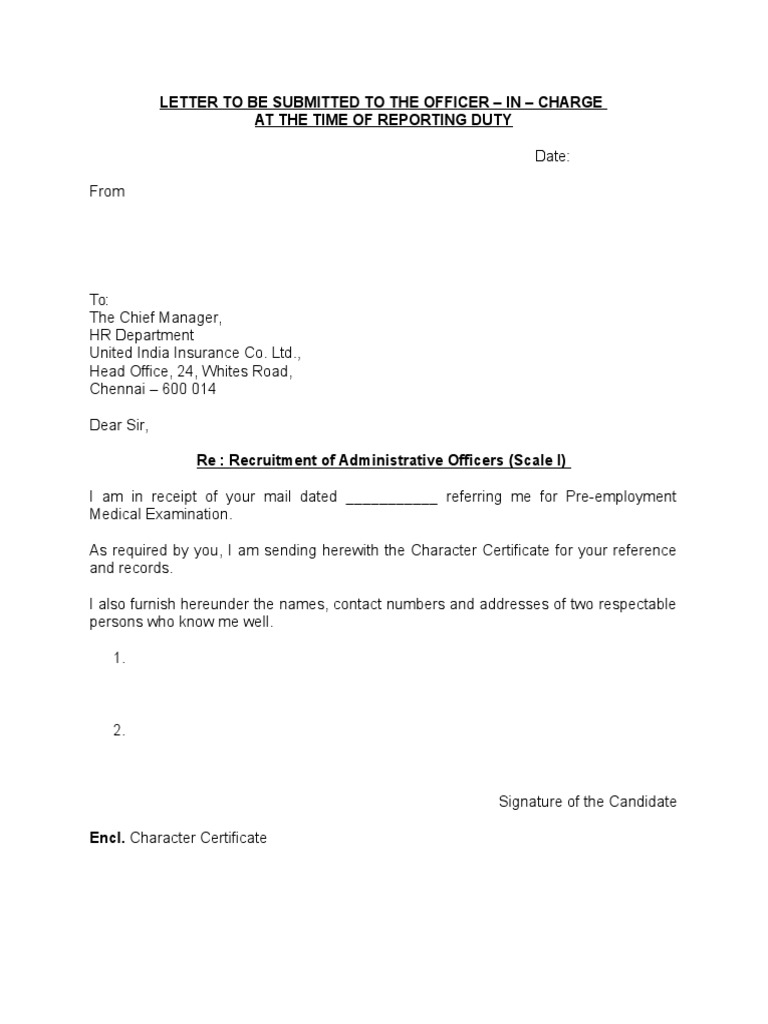 Letter To Be Submitted To The Officer - in - Charge at The Time of ...