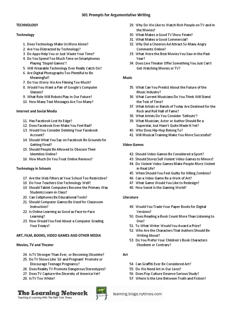 301 Prompts For Argumentative Writing | PDF | Standardized Tests ...