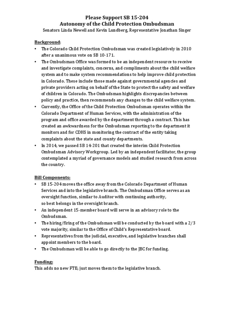 SB 15-204 Ombudsman Fact Sheet | PDF | Virtue | Human Rights