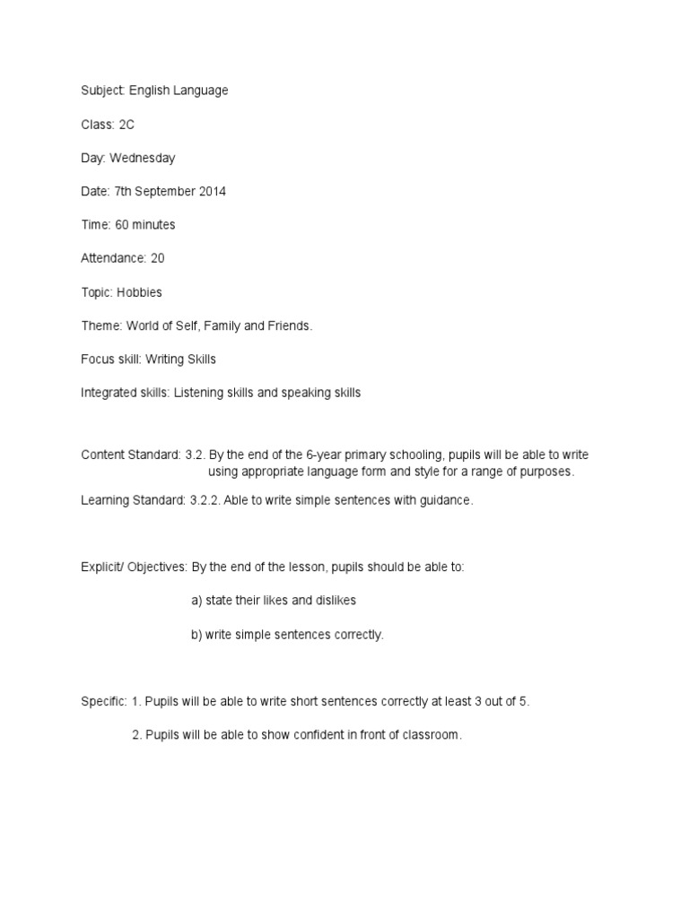 Lesson Plan-Writing Skills | PDF | Hobbies | Teachers