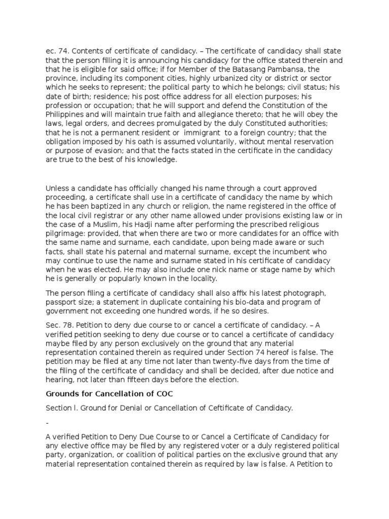 Grounds For Cancellation of COC | PDF | Elections | Voting