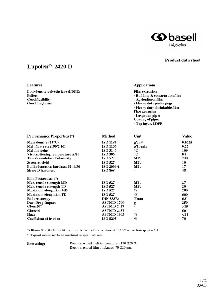 Lupolen 2420 D: Features Applications | PDF | Extrusion | Applied And ...