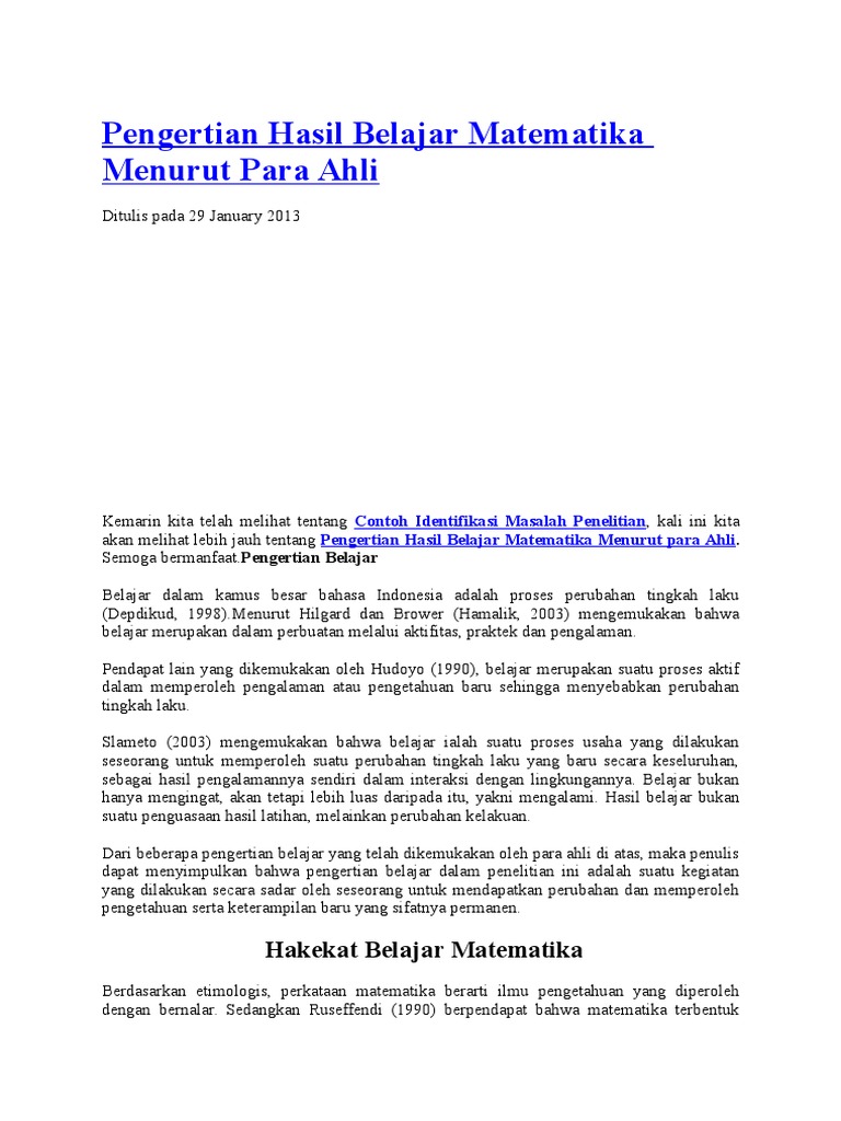 Pengertian Hasil Belajar Matematika Menurut para Ahli | PDF