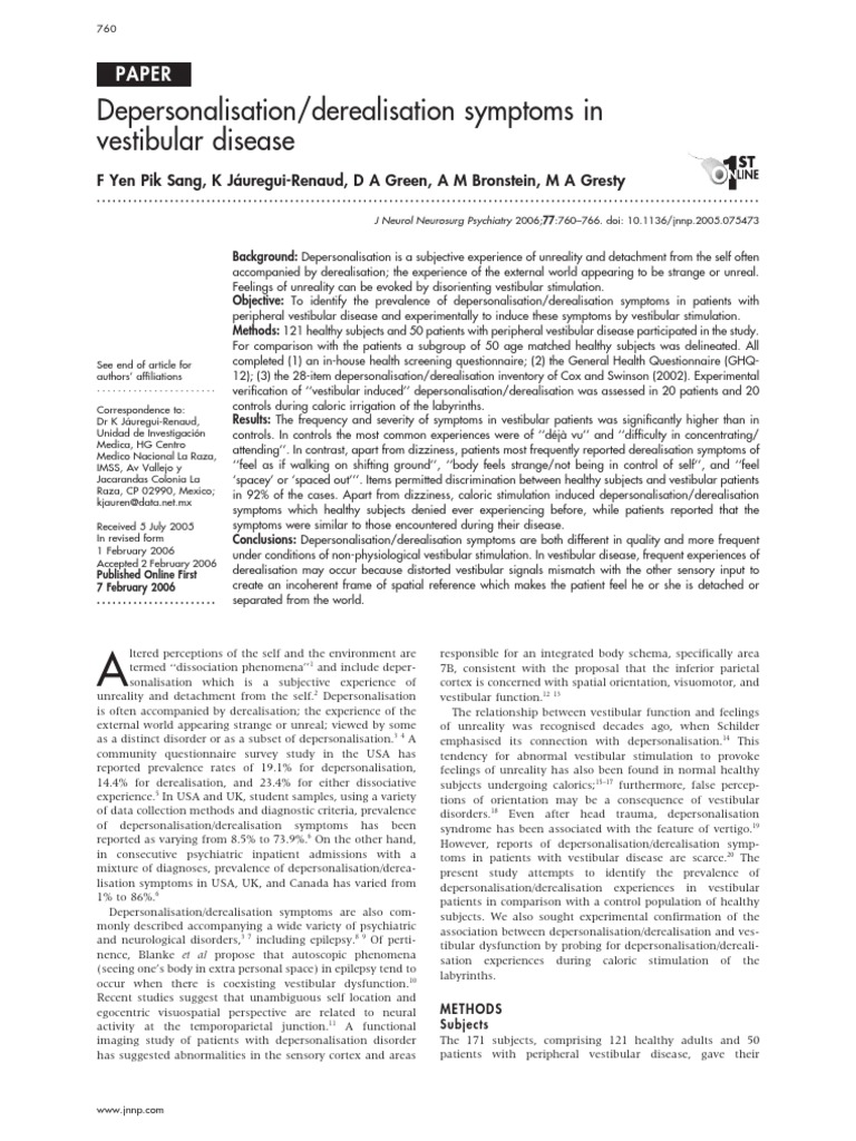 Depersonalisation/derealisation Symptoms in Vestibular Disease | PDF ...