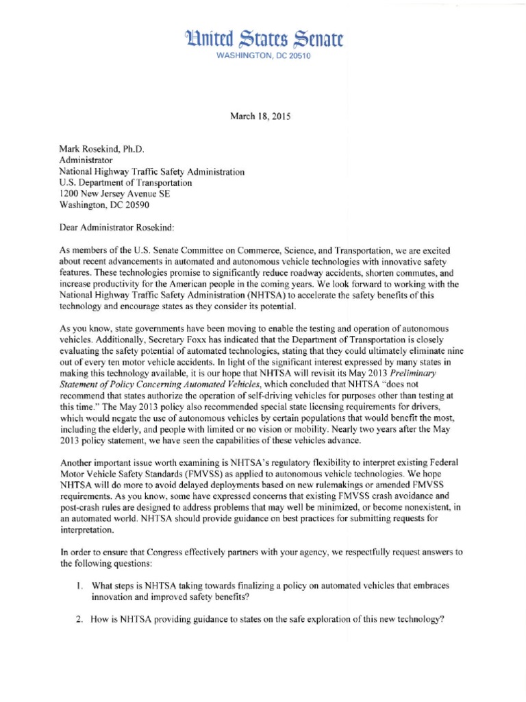 Final Autonomous Vehicles Letter Booker-Fischer | PDF