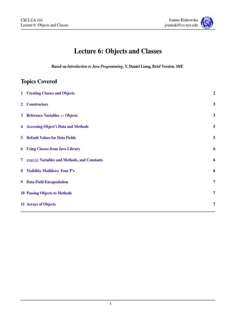 Lecture 6 Objects And Classes Topics Covered Pdf Constructor Object Oriented Programming 2099