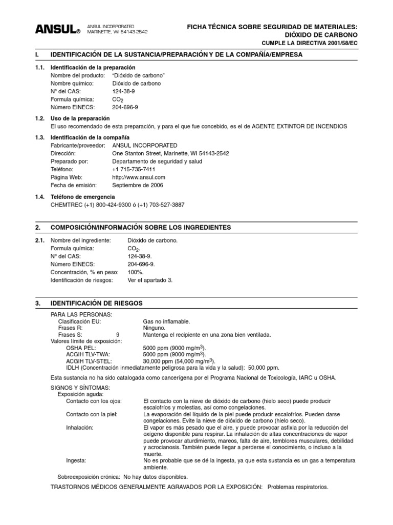 MSDS - Co2 - Ansul | PDF | Dióxido de carbono | Gases