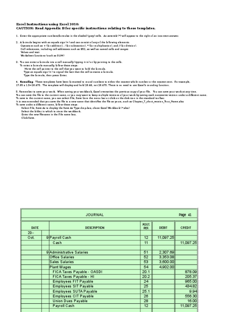 Excel Instructions Using Excel 2010: CAUTION: Read Appendix B For ...