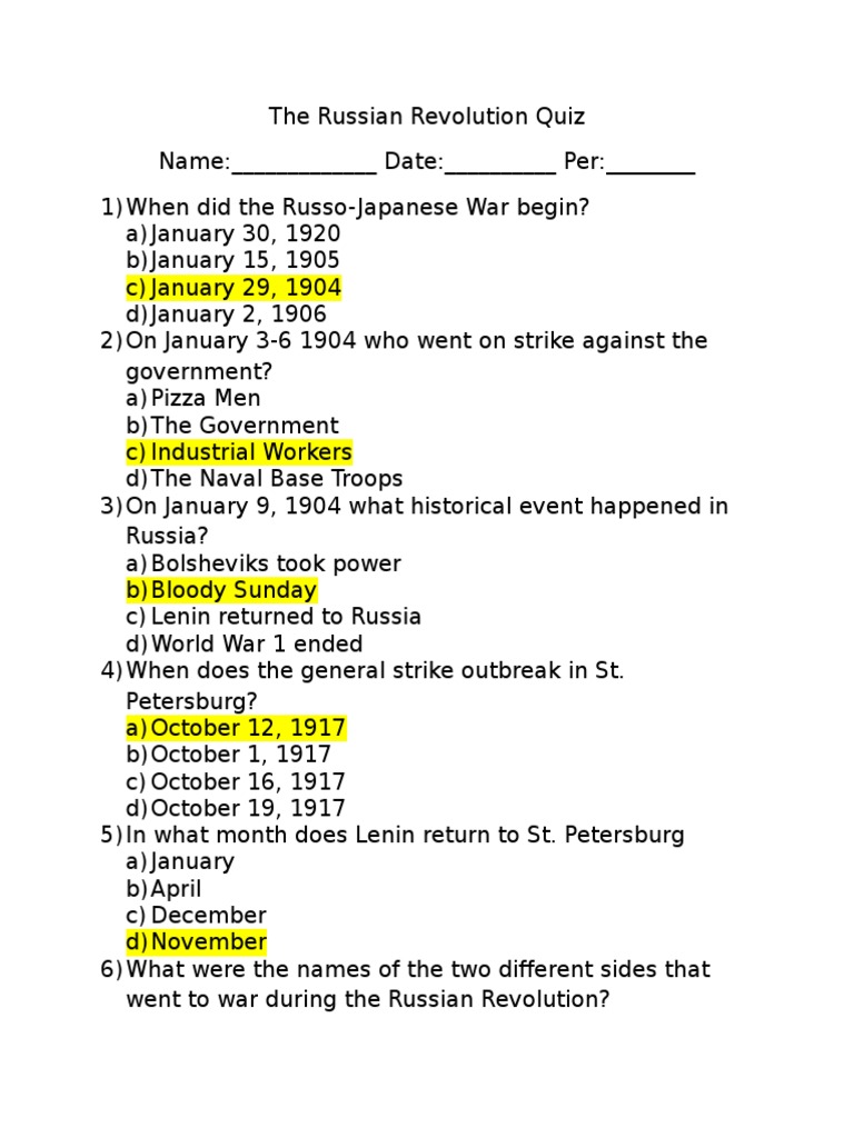 The Russian Revolution Quiz | PDF | Russian Revolution | Vladimir Lenin