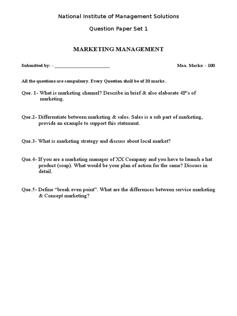 Marketing Management Question Paper Set 1 | PDF