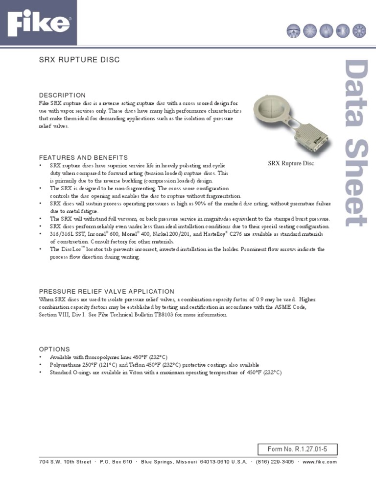 SRX Rupture Disc: Description | PDF | Valve | Gases