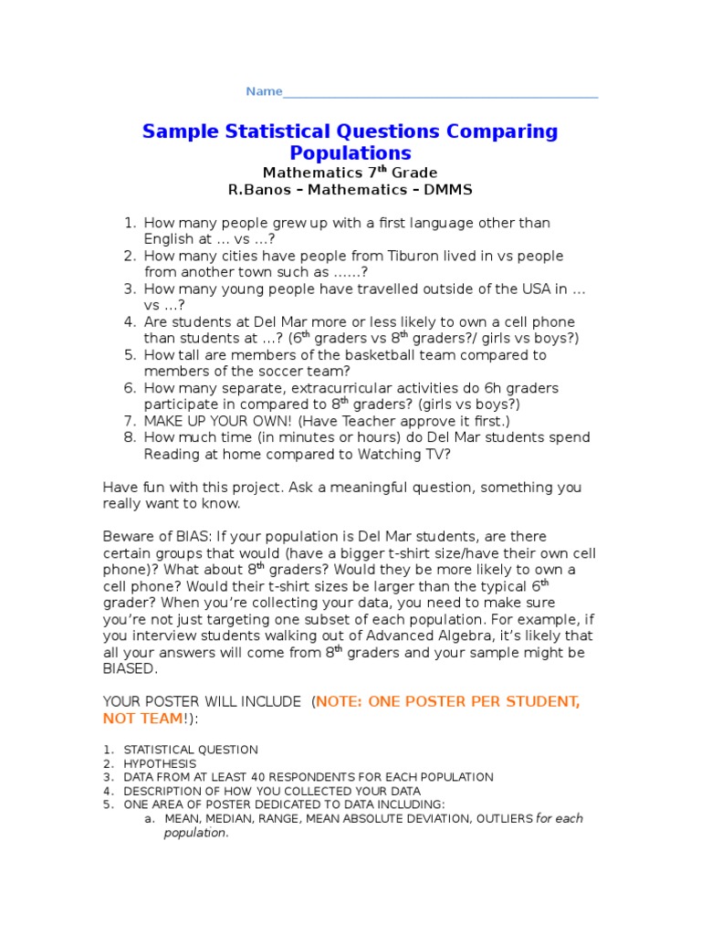 7th Grade Statistical Questions Guide | PDF | Mean | Statistics